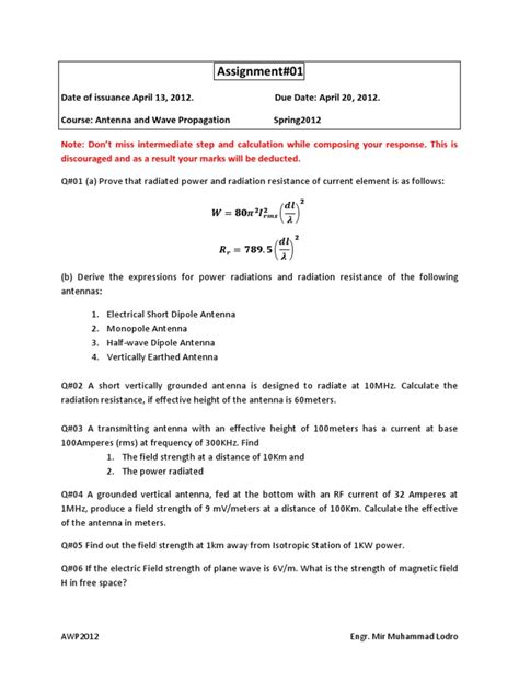 Assignment 01 Awp Pdf Antenna Radio Electronic Engineering
