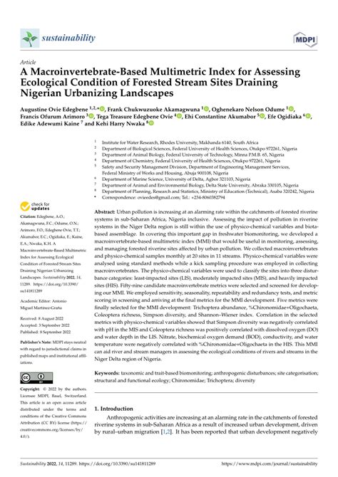 Pdf A Macroinvertebrate Based Multimetric Index For Assessing Ecological Condition Of Forested