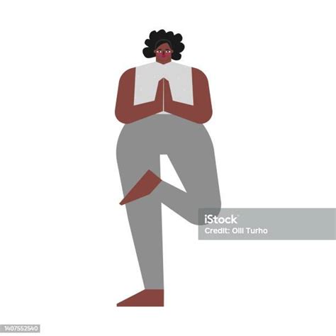 편평한 몸 긍정적 인 여성 성격을 가진 벡터 격리 된 개념 아프리카 계 미국인 여성은 자세를 배우고 요가 수업에서 하프 로터스 트리 포즈를합니다 기본 운동 Ardha