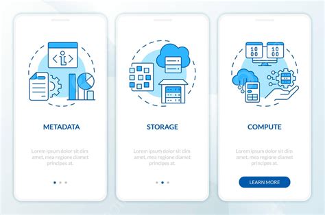 Onboarding Mobile App Screen Blue Data Lake And Warehouse Integration Vector Idea Mockup