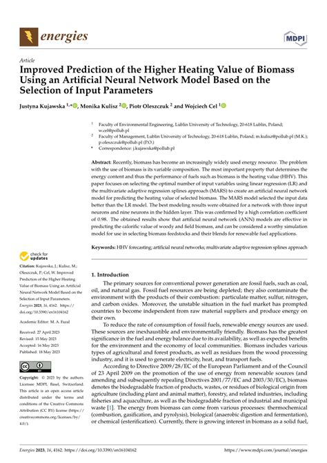 Pdf Improved Prediction Of The Higher Heating Value Of Biomass Using An Artificial Neural