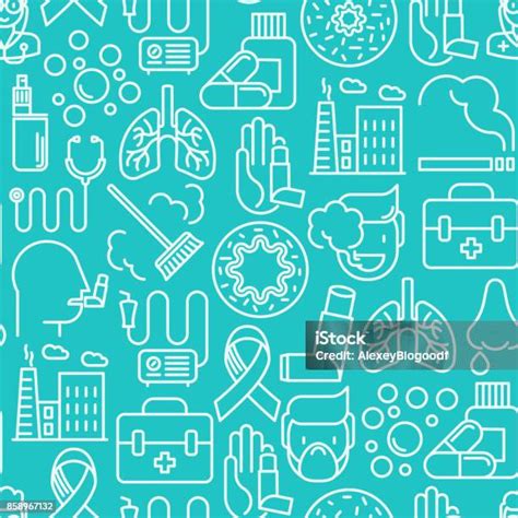 얇은 선 아이콘으로 천식 원활한 패턴 공기 오염 흡연 호흡기 치료사 흡입기 기관지 알레르기 증상과 알레르기 벡터 일러스트입니다