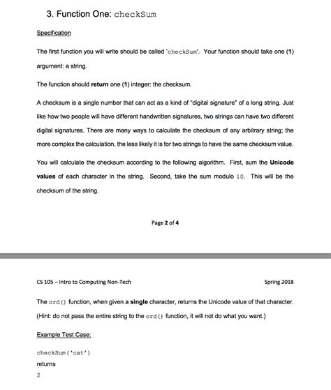 Solved 3 Function One Checksum Specification The First