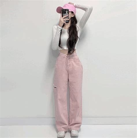 핑키 언발 크로스 찢 데님 와이드 팬츠 에이블리