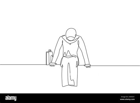 Continuous One Line Drawing Sad Arabian Businesswoman Sits At Bench Alone Woman Suffering From