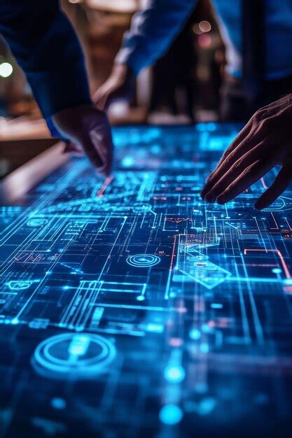 Two Business Professionals Collaborate On A Futuristic Digital Interface Displaying Glowing Blue