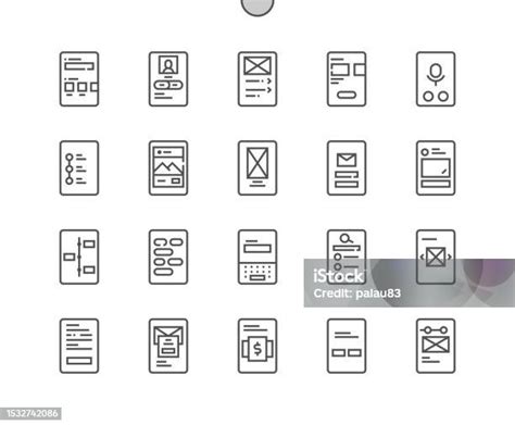 모바일 와이어프레임 홈 화면 빵 부스러기 갤러리 스와이프 모바일 애플리케이션용 프로토타입 픽셀 퍼펙트 벡터 가는 선 아이콘 간단한 최소 픽토그램 가격에 대한 스톡 벡터 아트