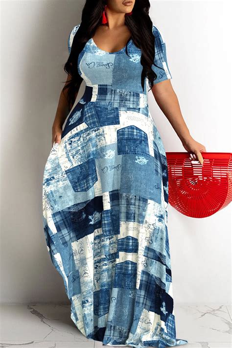 Plus Size Blue Casual Denim Print U Neck Short Sleeve Maxi Dresses
