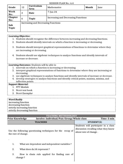 Session Plan 6 4 Increasing Anddecreasing Functions Pdf Monotonic Function Function