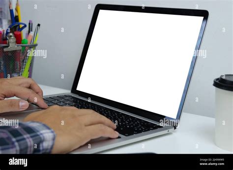 Hand Man Using Keyboard Computer Laptop Mock Up Blank White Screen Monitor Technology Online