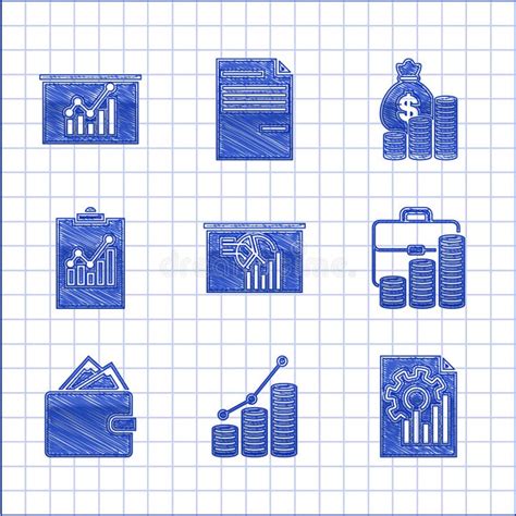 Set Board With Graph Chart Pie Infographic And Coin Document Briefcase Wallet Stacks Paper
