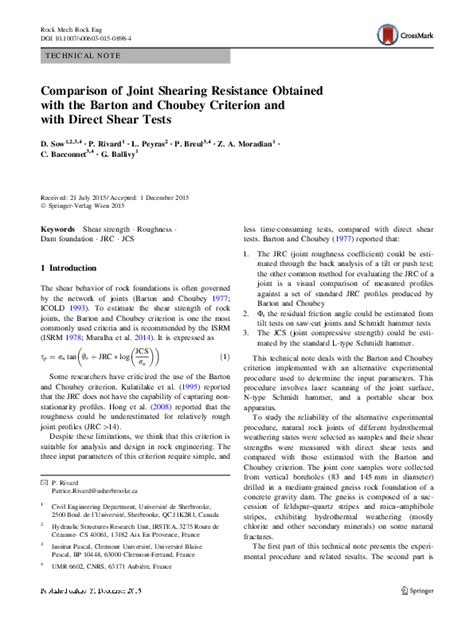 Pdf Comparison Of Joint Shearing Resistance Obtained With The Barton