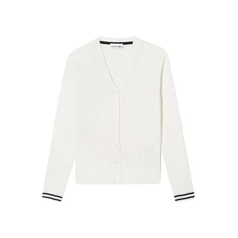 W 라코스테 립드 브이넥 가디건 화이트 Lacoste Kream