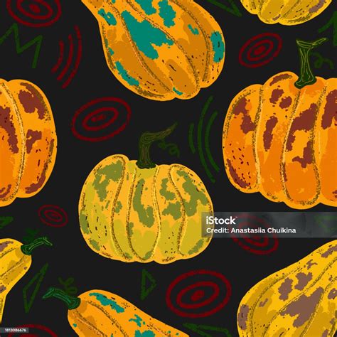 재미있는 요소가 있는 잘 익은 호박 질감 연필 파스텔 구 아슈 벡터 겹침 이음매 없는 패턴입니다 가을에 대한 스톡 벡터 아트 및