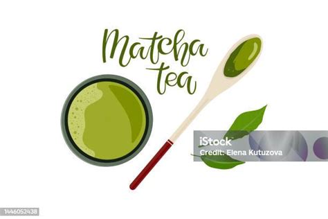 녹차 말차 일본 말차 찻그릇 나무 숟가락 신선한 녹색 잎 평면 벡터 템플릿 메뉴 상점에 대한 평면도 그림 일본중국 다도용 건강