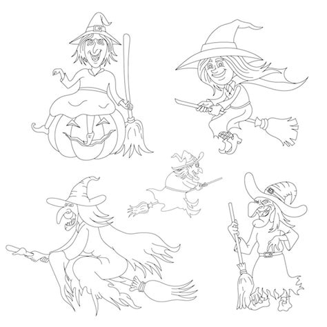 Premium Vector Halloween Flying Witch Line Art Illustration For