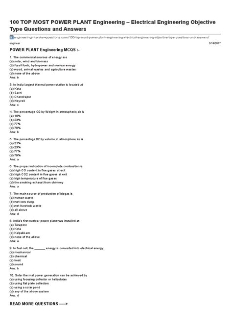 100 Top Most Power Plant Engineering Electrical Engineering Objective