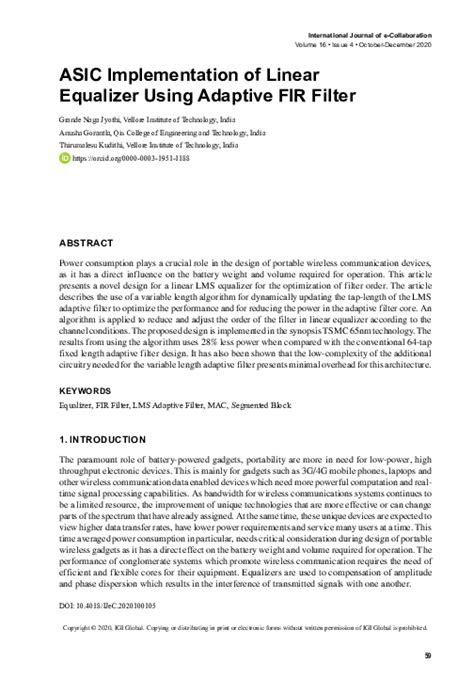 Pdf Asic Implementation Of Linear Equalizer Using Adaptive Fir Filter Anusha Gorantla
