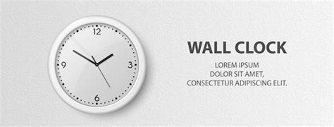 질감된 흰 벽 배경 디자인 템플릿 배너에 벡터 3d 현실적인 흰 벽 사무실 시계 브랜딩을 위한 인테리어 모형에 흰색 다이얼이 있는 사무실 시계가 있는 배너 프리미엄 벡터