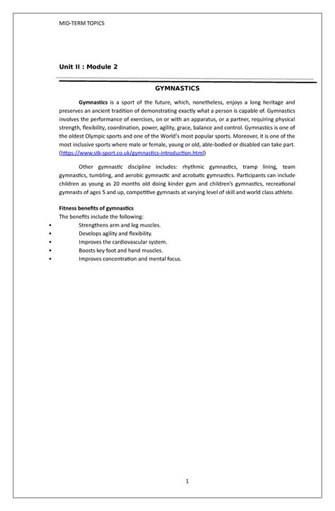 Module in PE midterm Unit II Module GYMNASTICS Gуmnаѕtісѕ іѕ а ѕроrt оf thе futurе whісh