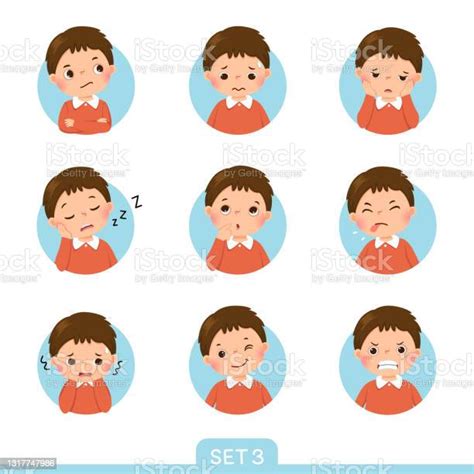 다양한 감정과 다른 자세에 어린 소년의 벡터 만화 세트 3의 3을 설정합니다 분노에 대한 스톡 벡터 아트 및 기타 이미지 분노 불쾌한 피곤한 Istock