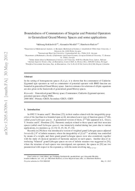 Pdf Boundedness Of Commutators Of Singular And Potential Operators In Generalized Grand Morrey