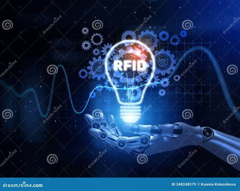 Rfid Radio Frequency Identification Illustrated With A Robot Hand Pressing A Button On A Virtual