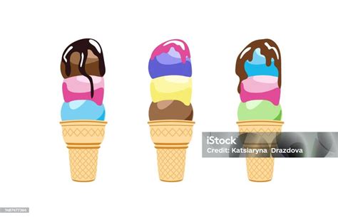 만화 젤라토와 와플 콘과 아이스크림 공 초콜릿 딸기 민트 바닐라 맛의 아이스크림 음식 다양한 토핑 와플 컵 선디 벡터 그림입니다 0명에 대한 스톡 벡터 아트 및 기타 이미지