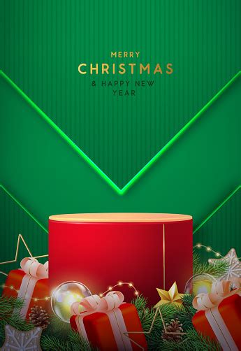 휴일 크리스마스 쇼케이스 녹색 배경 3d 빨간 연단과 크리스마스 장식 추상적인 최소한의 장면입니다 벡터 일러스트 레이 션 0명에 대한 스톡 벡터 아트 및 기타 이미지
