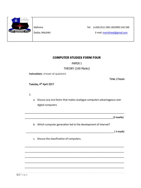 2017 Marist Computer Form 4 Pp1 Pdf Computer Network Databases