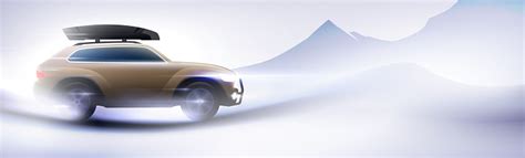 지붕에 화물 캐리어 상자가 있는 파노라마 겨울 산 배경에 눈 속에서 부딪히는 Suv 자동차 자동차 여행 극단적 인 오프로드 모험 수평 배너 벡터 일러스트 레이 션 여행