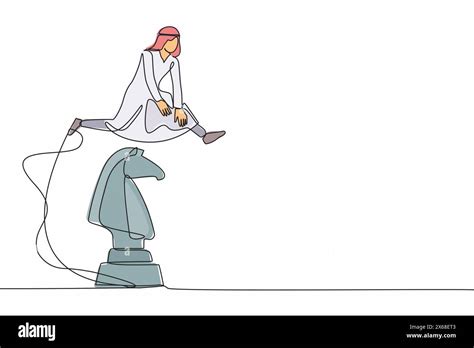 Single Continuous Line Drawing Arab Businessman Jumping Over Big Chess Knight Strategic
