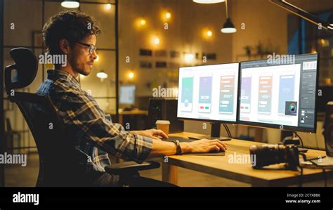 late evening creative office professional programmer works on a