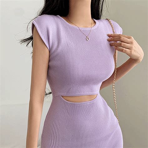 🚀당일발송📦 라이트퍼플 골지 니트 하이웨스트 트임 미디원피스 핫걸 데이트룩 추천 에이블리