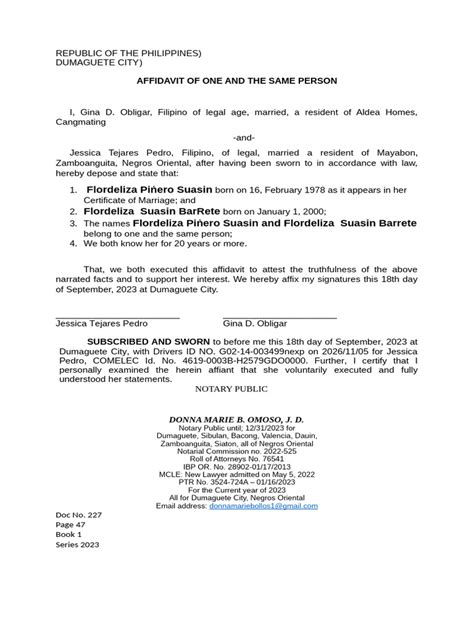 Affidavit Of One And Te Same Person Pdf