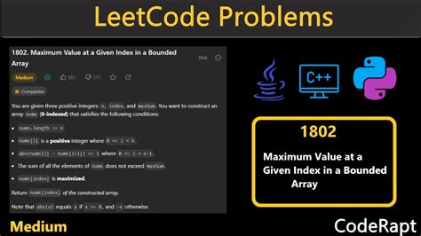 Maximum Value At Given Index In Bounded Array Leetcode Q1802 Leetcode Daily Challenge Youtube