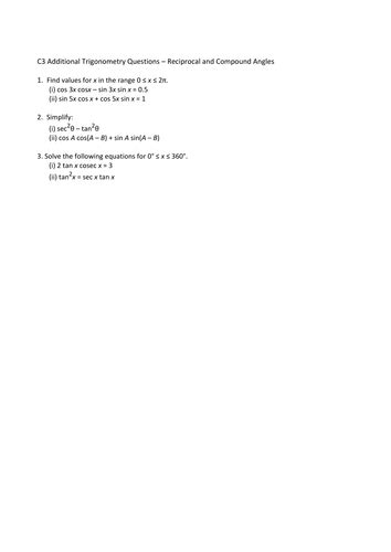 Additional Calculus Trig Questions Teaching Resources