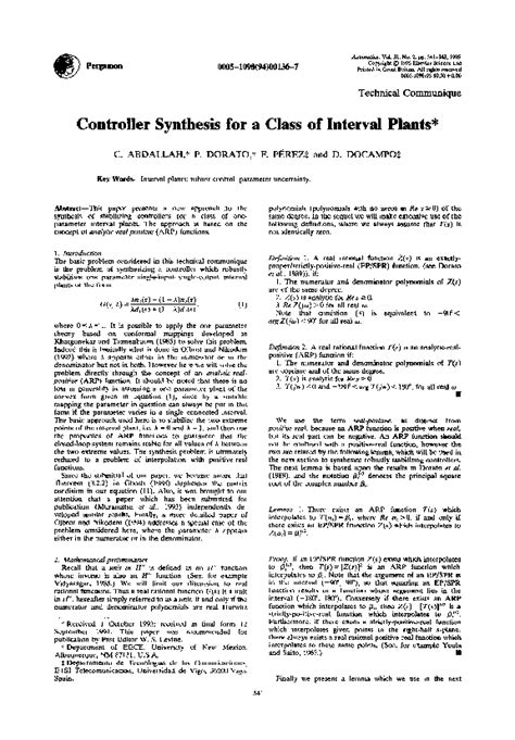 Pdf Controller Synthesis For A Class Of Interval Plants