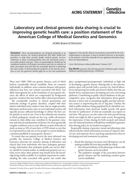 Laboratory And Clinical Genomic Data Sharing Is Crucial To Impr 2017 Genetic Pdf Health
