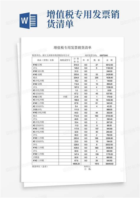 增值税专用发票销货清单word模板下载 编号lmmbbyye 熊猫办公