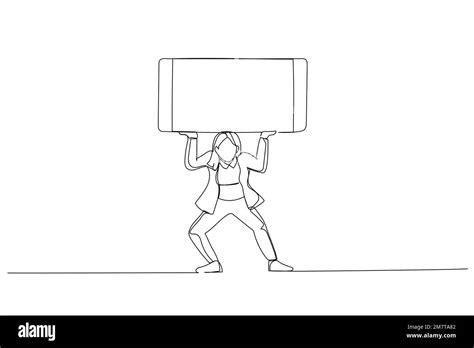 illustration of woman is balancing a giant cell smart phone over his head that has a blank