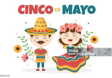 Cinco De Mayo 멕시코 휴일 축하 만화 스타일 일러스트 레이 션 선인장 기타 Sombrero 및 포스터 또는 인사말 카드를위한 마시는 테킬라 5월에 대한 스톡 벡터