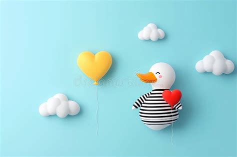 Adorable Duck With Heart Balloons Soaring Through A Pastel Sky A