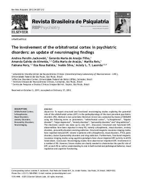 Pdf Orbitofrontal Cortex In Psychiatric Disorders