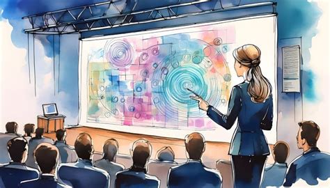 A Young Adult Woman Presents Colorful Abstract Data Visuals To An