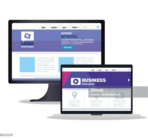 모형 반응형 웹 데스크톱 컴퓨터 및 태블릿 장치의 개념 웹 사이트 개발 개념에 대한 스톡 벡터 아트 및 기타 이미지 개념