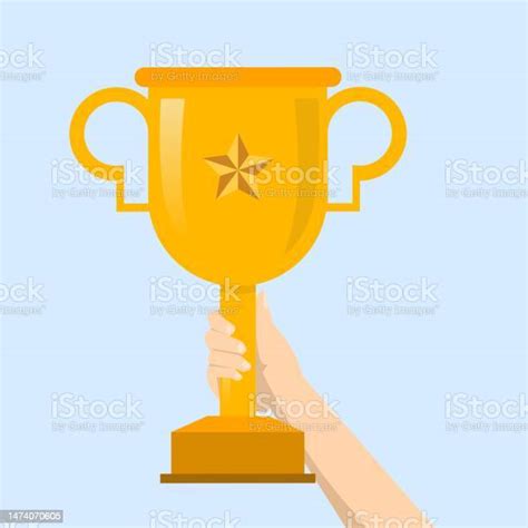 챔피언 개념 챔피언 골드 트로피를 들고 남자 승자의 황금 컵을 들고 있는 인간의 손 우승자에게 상품 제공 트로피 컵 평면 벡터 일러스트 레이 션 성공에 대한 스톡 벡터 아트