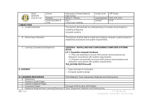 DLL In CSS Downloaded DAILY LESSON LOG IN TLE Babe Wenceslao Trinidad National High