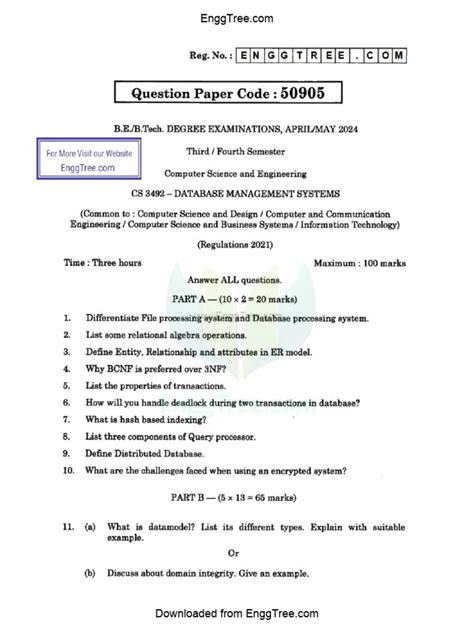 Cs3492 Database Management Systems Apr May 2024 Question Paper Download Pdf