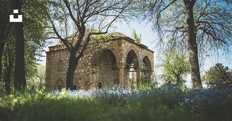 나무와 꽃으로 둘러싸인 아치형 창문이 있는 석조 건물 사진 Unsplash의 무료 니스 이미지